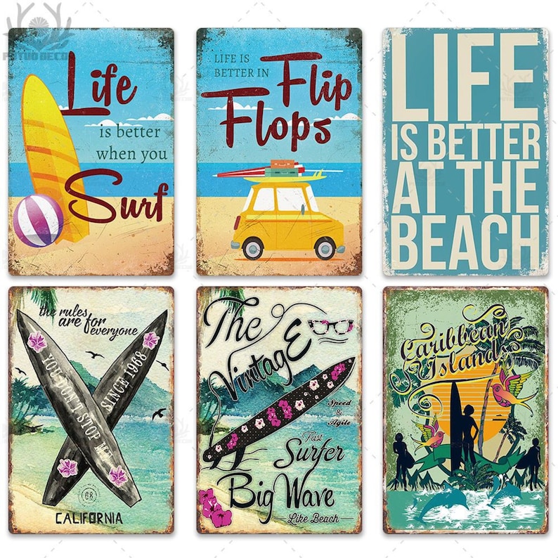 Surfing Beach Summer Retro Style Metal Tin Sign Plaque Wall - Etsy