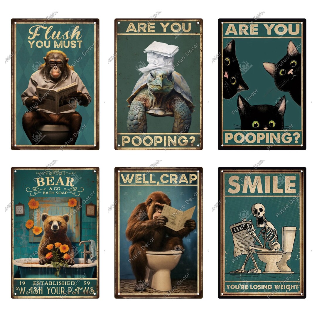 WC Toilet Funny Animals Restroom Retro Tin Sign Vintage Bathroom Plaque ...