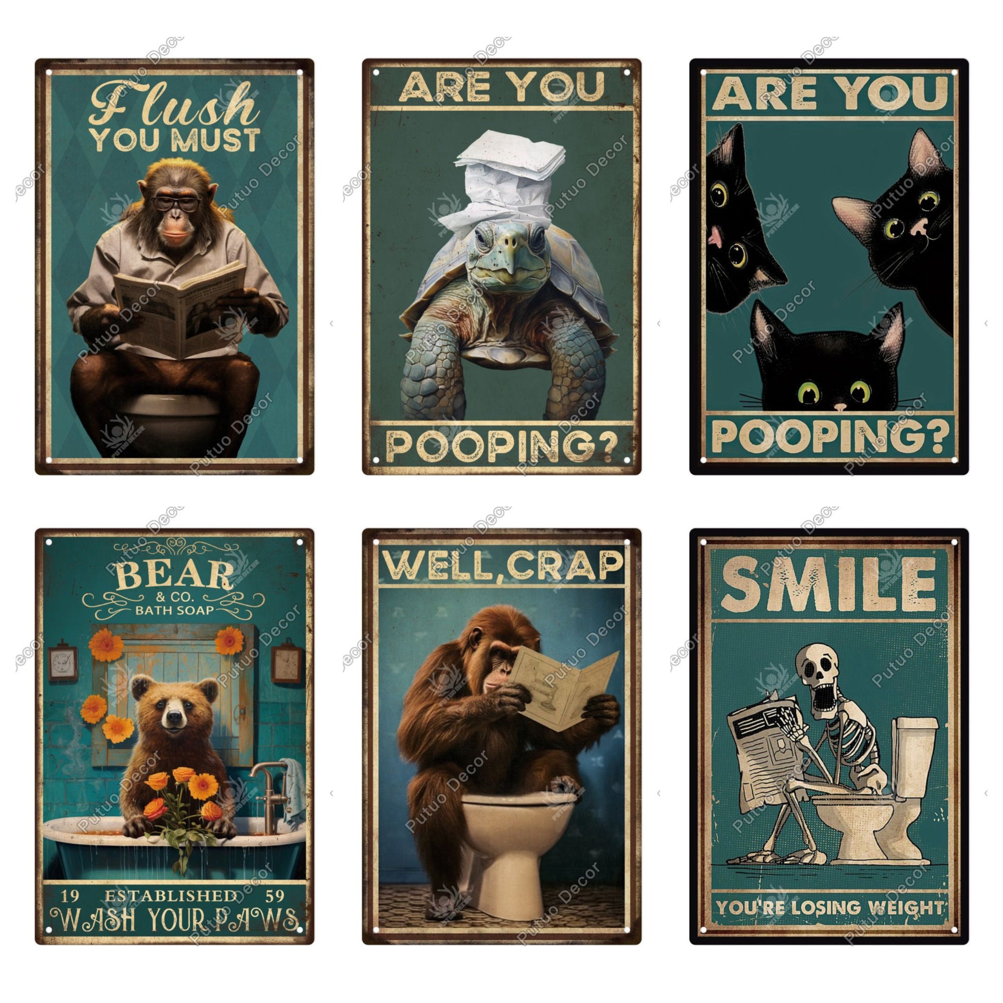 WC Toilet Funny Animals Restroom Retro Tin Sign Vintage Bathroom Plaque ...