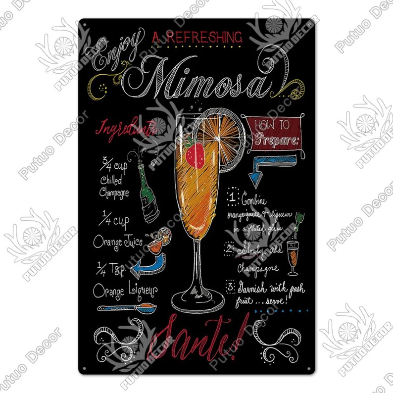 Classic Cocktail Recipe Metal Signs Sweet Tea Mojito Mimosa Martini ...