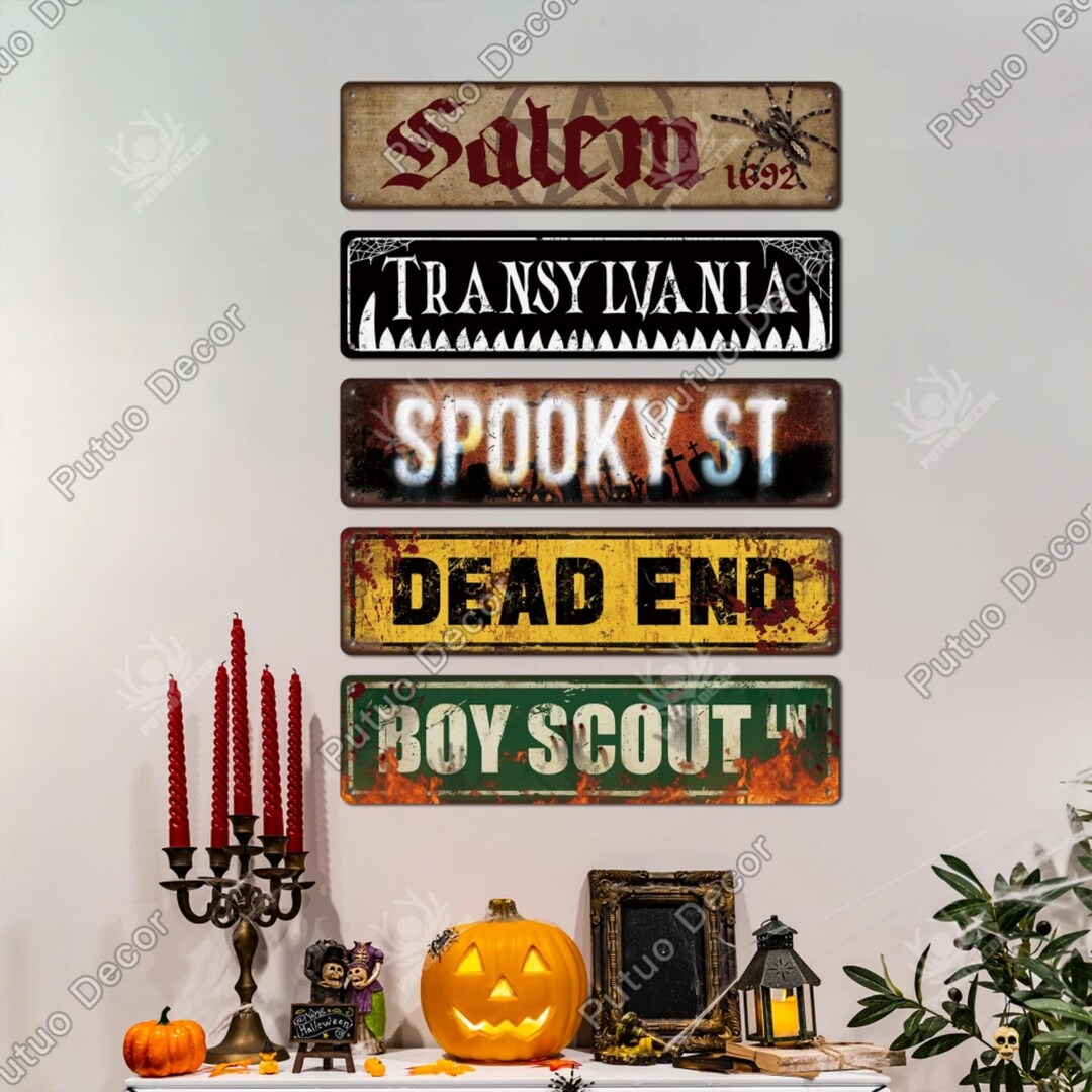 Spooky Street Retro Tin Sign Plates Halloween Decor Salem Transylvania ...