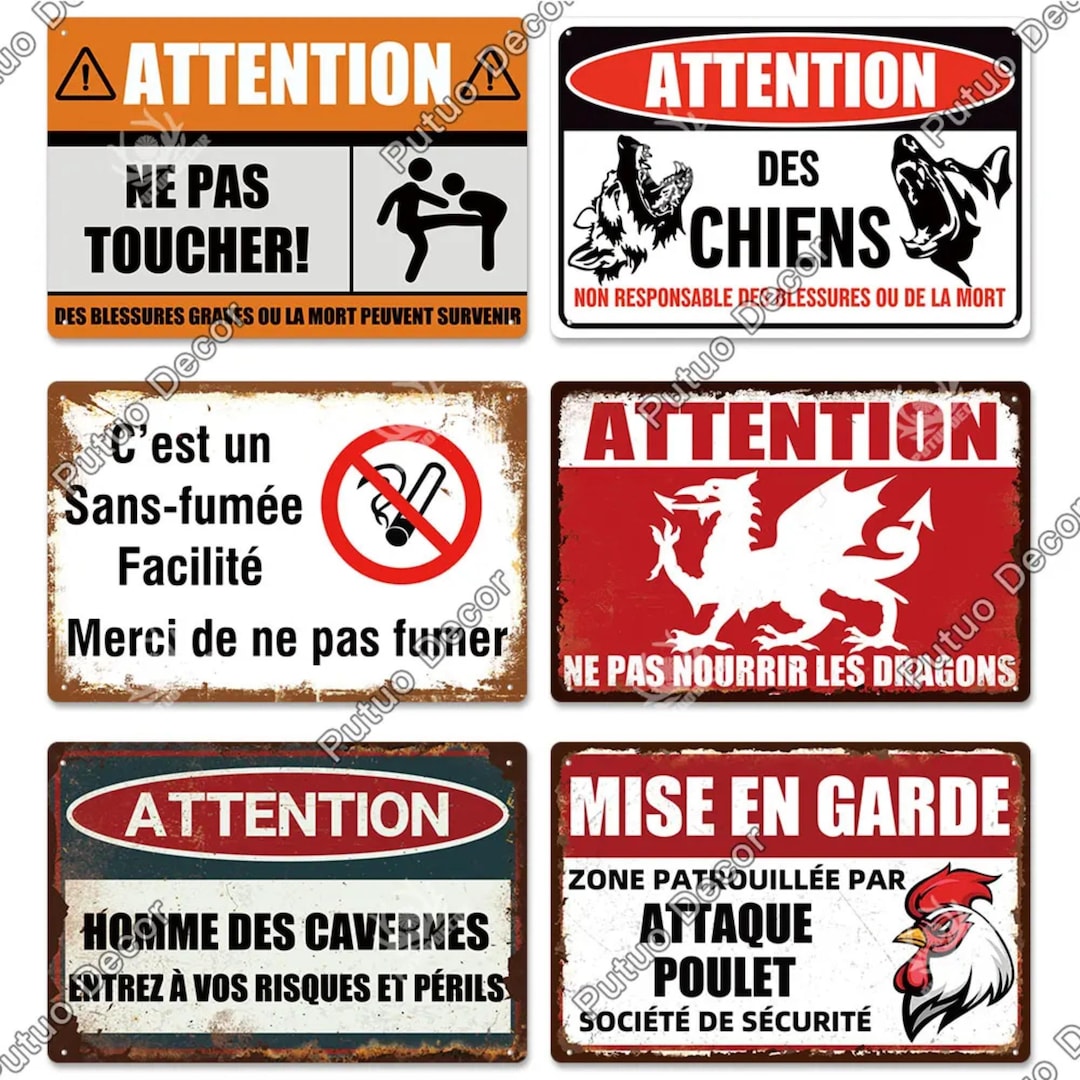 Funny French Warning Metal Sign Retro Tin Plaque With Dragons Dogs ...