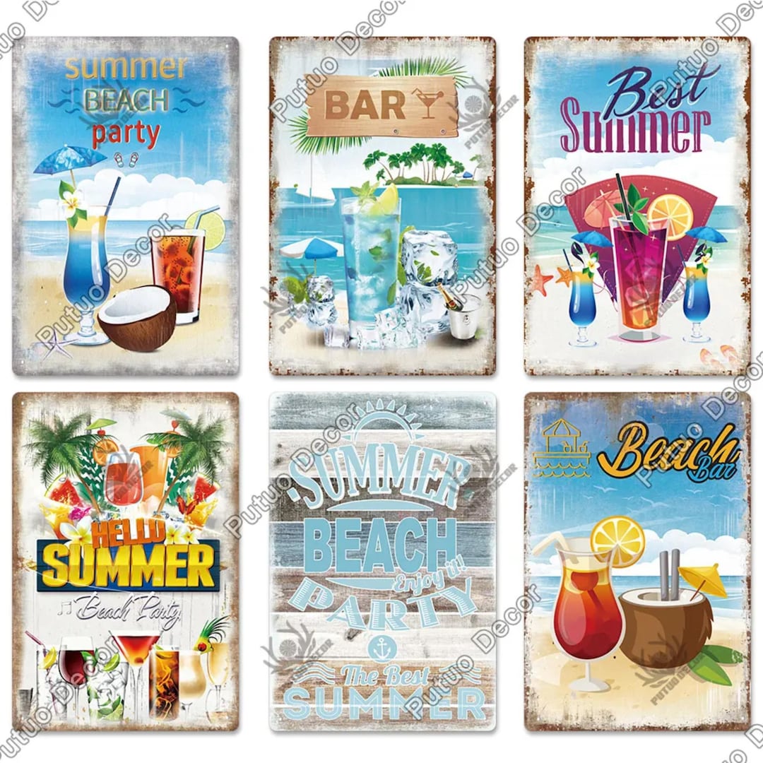 Vintage Summer Beach Party Metal Signs Hello Summer Best Summer Beach ...