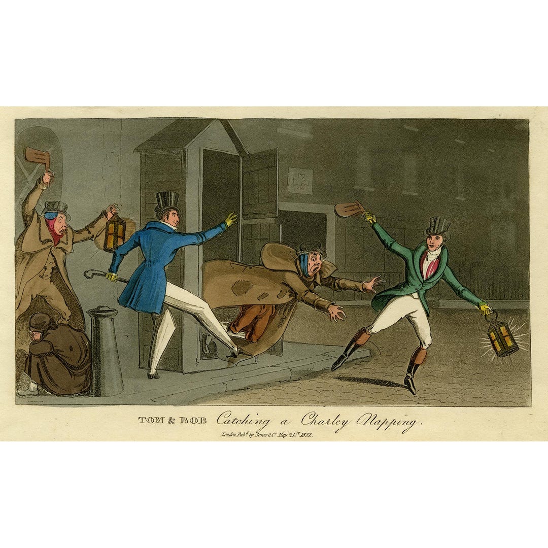 Antique Night Watchman Print | Regency London Guard Napping Scene ...