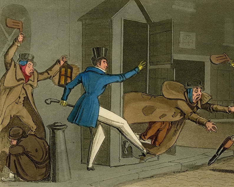 Antique Night Watchman Print | Regency London Guard Napping Scene ...