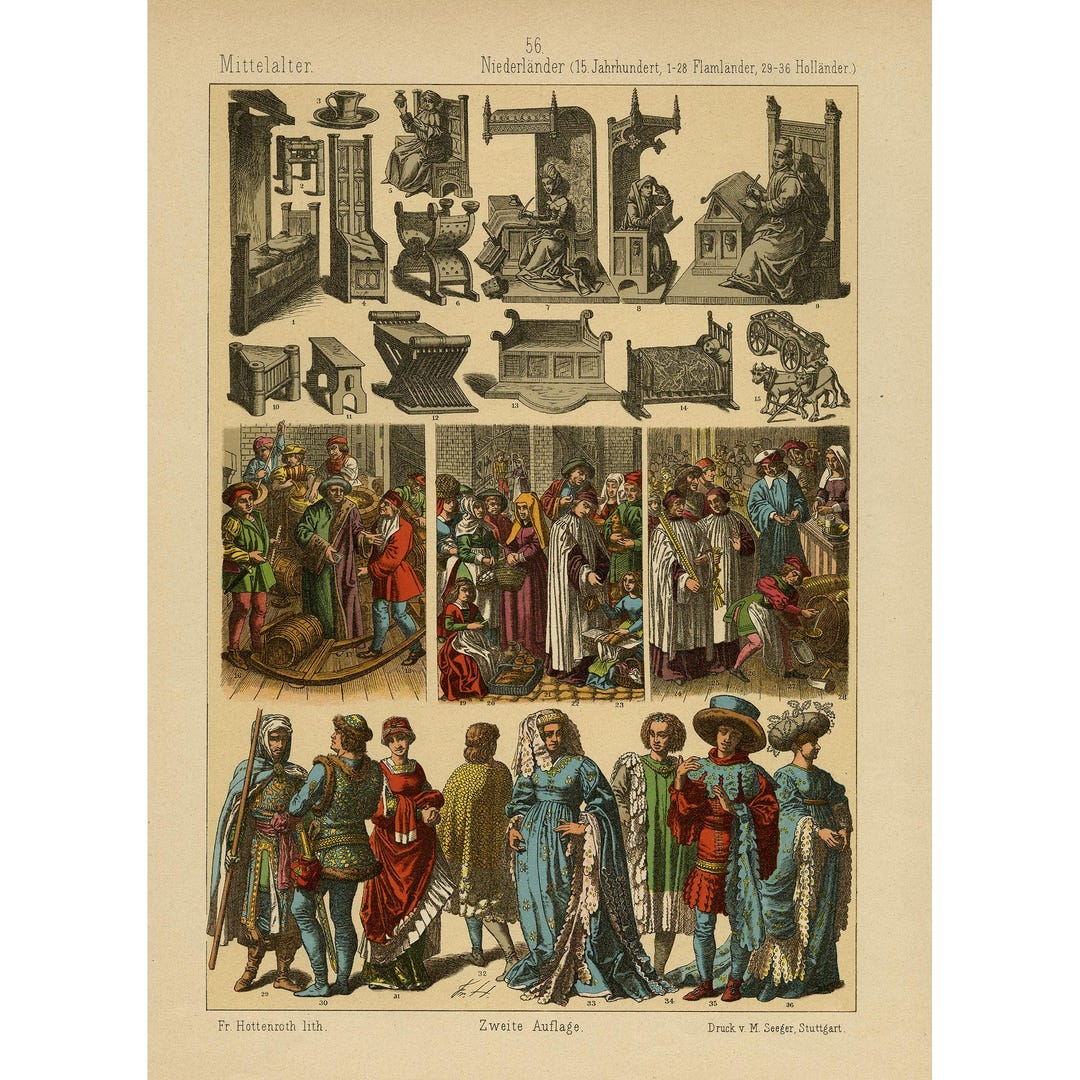 Medieval Costume Print, Netherlands & Flanders Fashion, Hottenroth 1884 ...