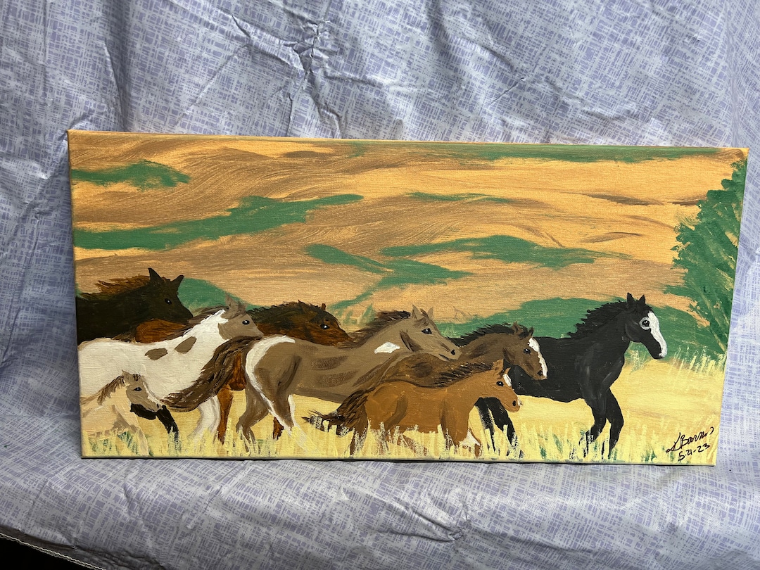 Wild Mustangs Family of Horses Original Acrylic Painting on Wrapped ...
