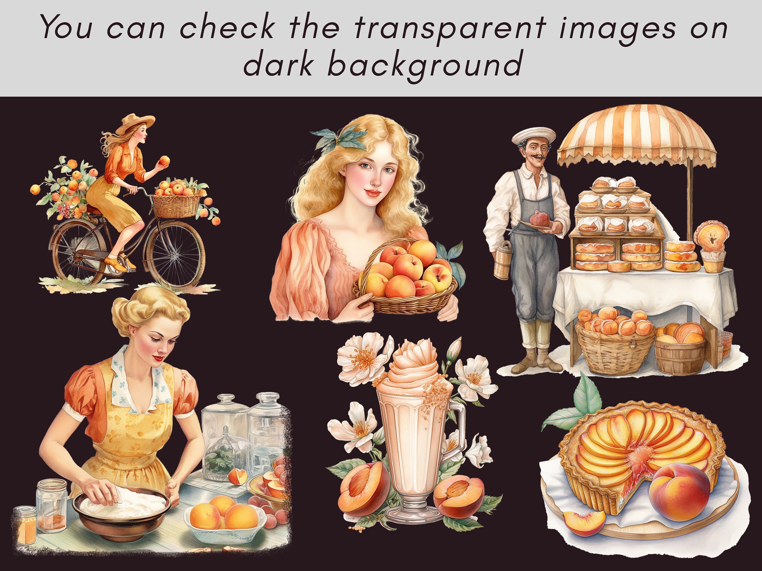 Watercolor Peach Clipart Vintage Clipart Bundle Retro - Etsy