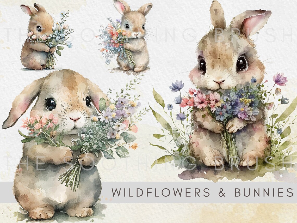 Watercolor Bunny Clipart Wildflowers Easter Bunny Nursery - Etsy