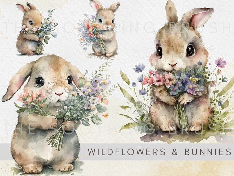 Watercolor Bunny Clipart Wildflowers Easter Bunny Nursery - Etsy