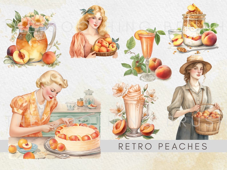 Watercolor Peach Clipart Vintage Clipart Bundle Retro - Etsy