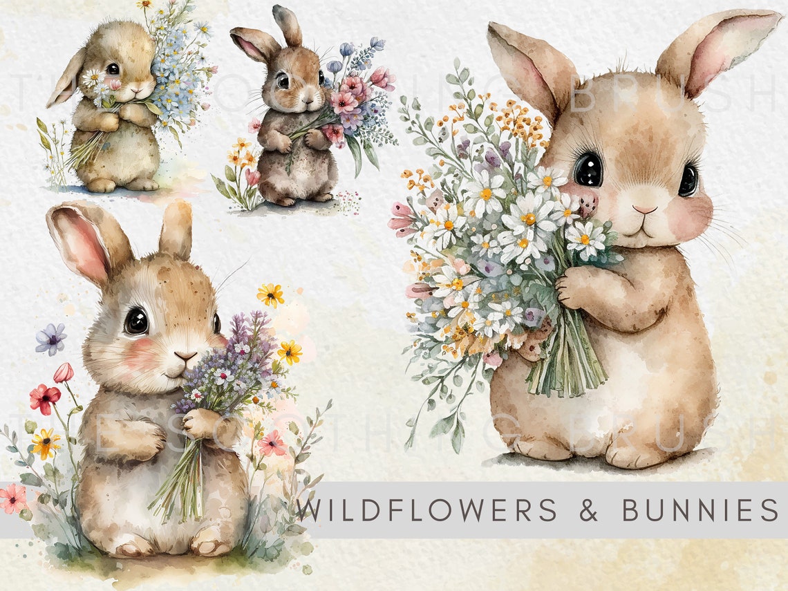 Watercolor Bunny Clipart Wildflowers Easter Bunny Nursery - Etsy