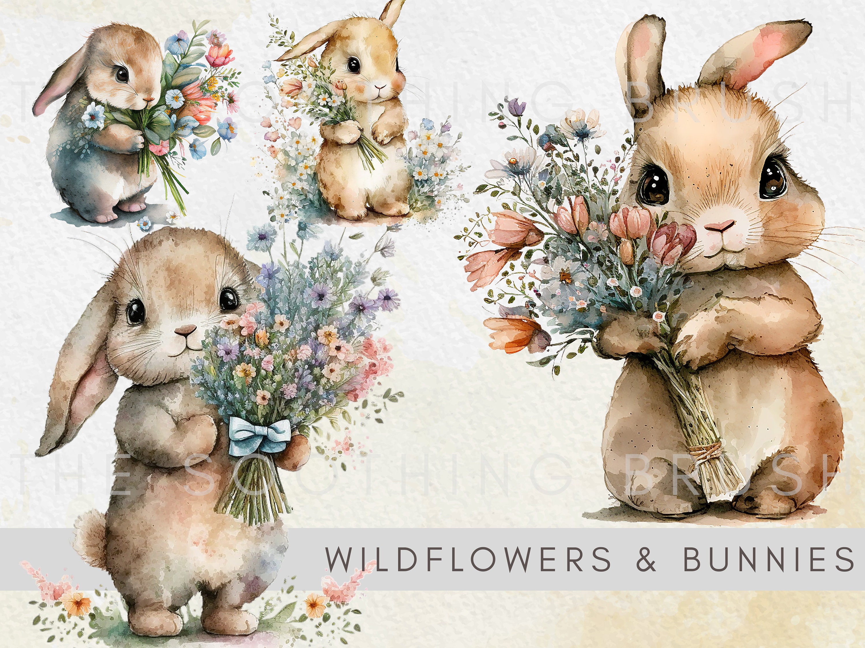 Watercolor Bunny Clipart Wildflowers Easter Bunny Nursery - Etsy