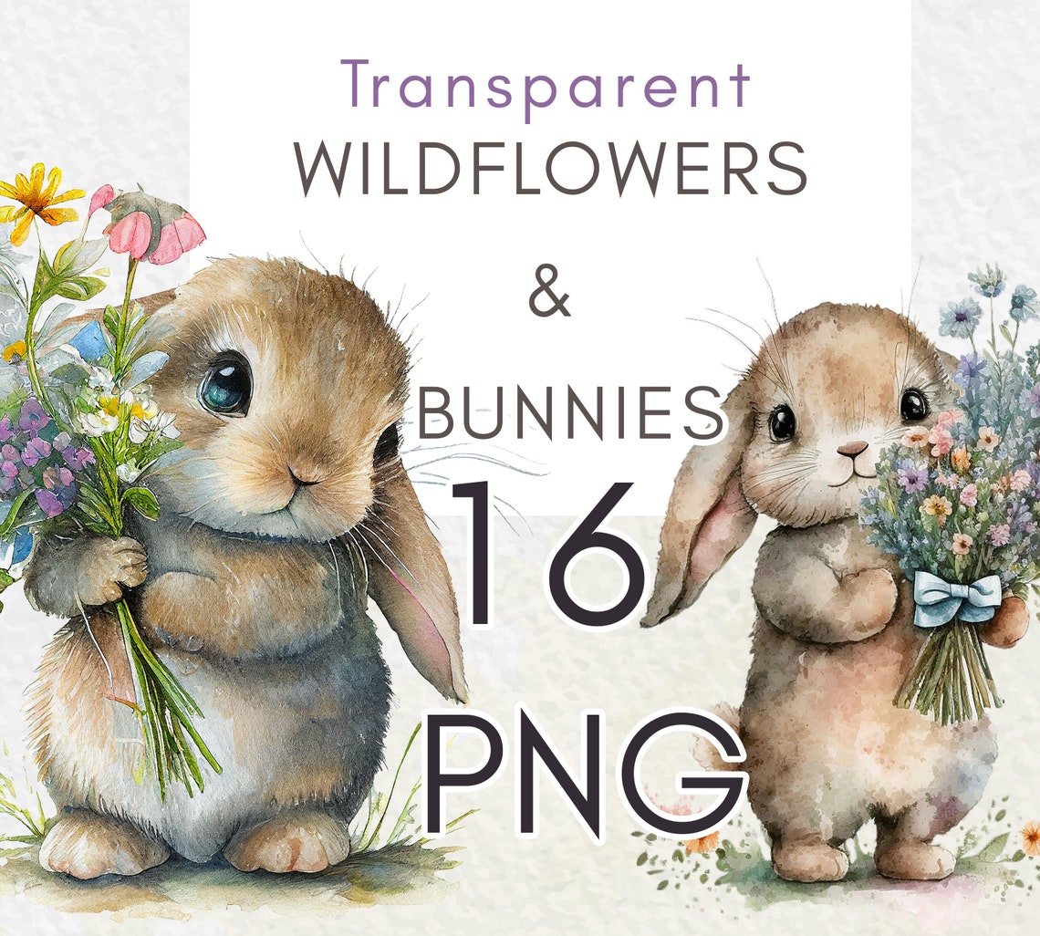 Watercolor Bunny Clipart Wildflowers Easter Bunny Nursery - Etsy