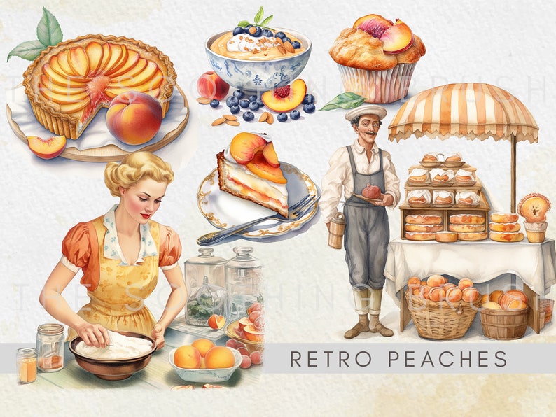 Watercolor Peach Clipart Vintage Clipart Bundle Retro - Etsy