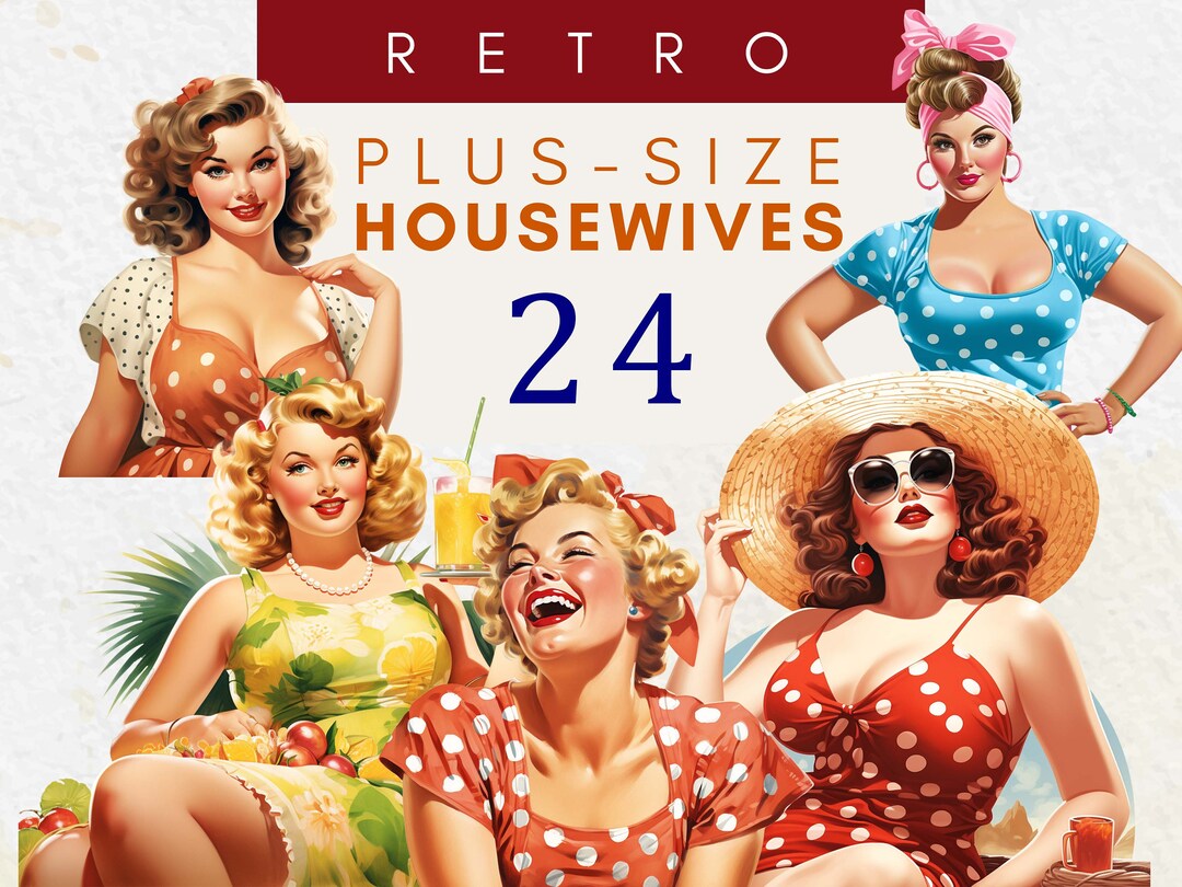Retro Plus Size Housewives Clipart 1950s Vintage Housewife Pin up Curvy Girls Clip Art 50s Png ...