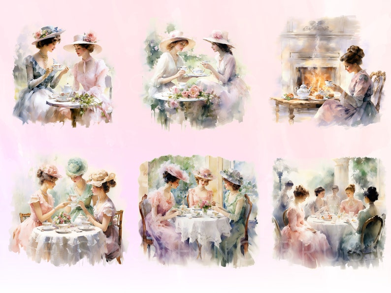 Watercolor Tea Party Clipart, Vintage Tea Portrait Png, Victorian High ...