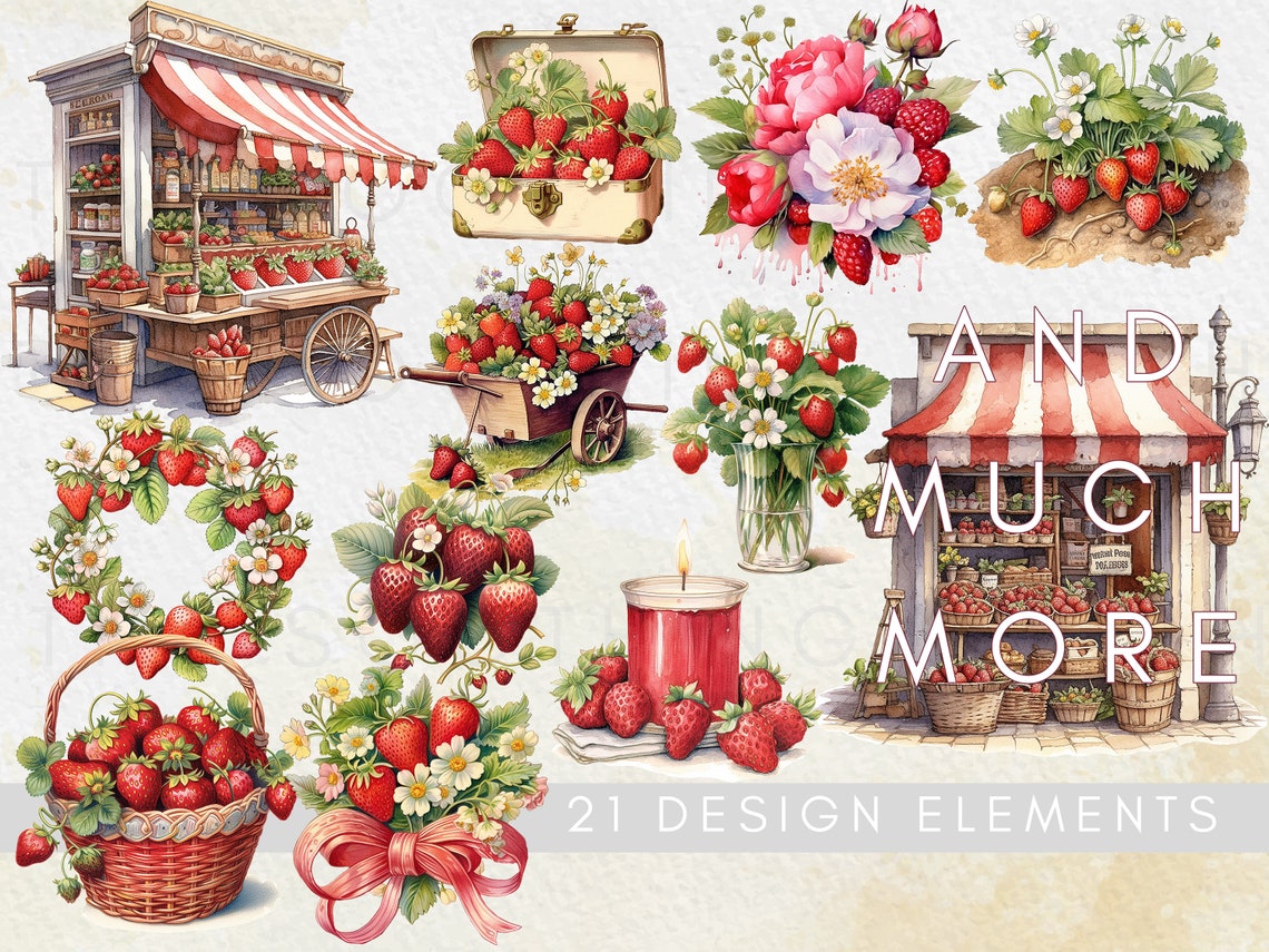 Watercolor Strawberry Clipart Bundle Desserts Portraits - Etsy