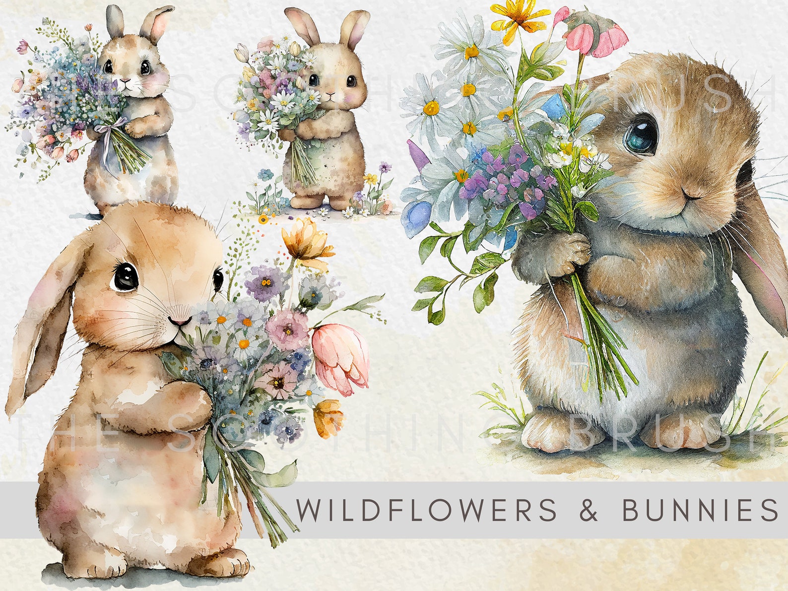 Watercolor Bunny Clipart Wildflowers Easter Bunny Nursery - Etsy