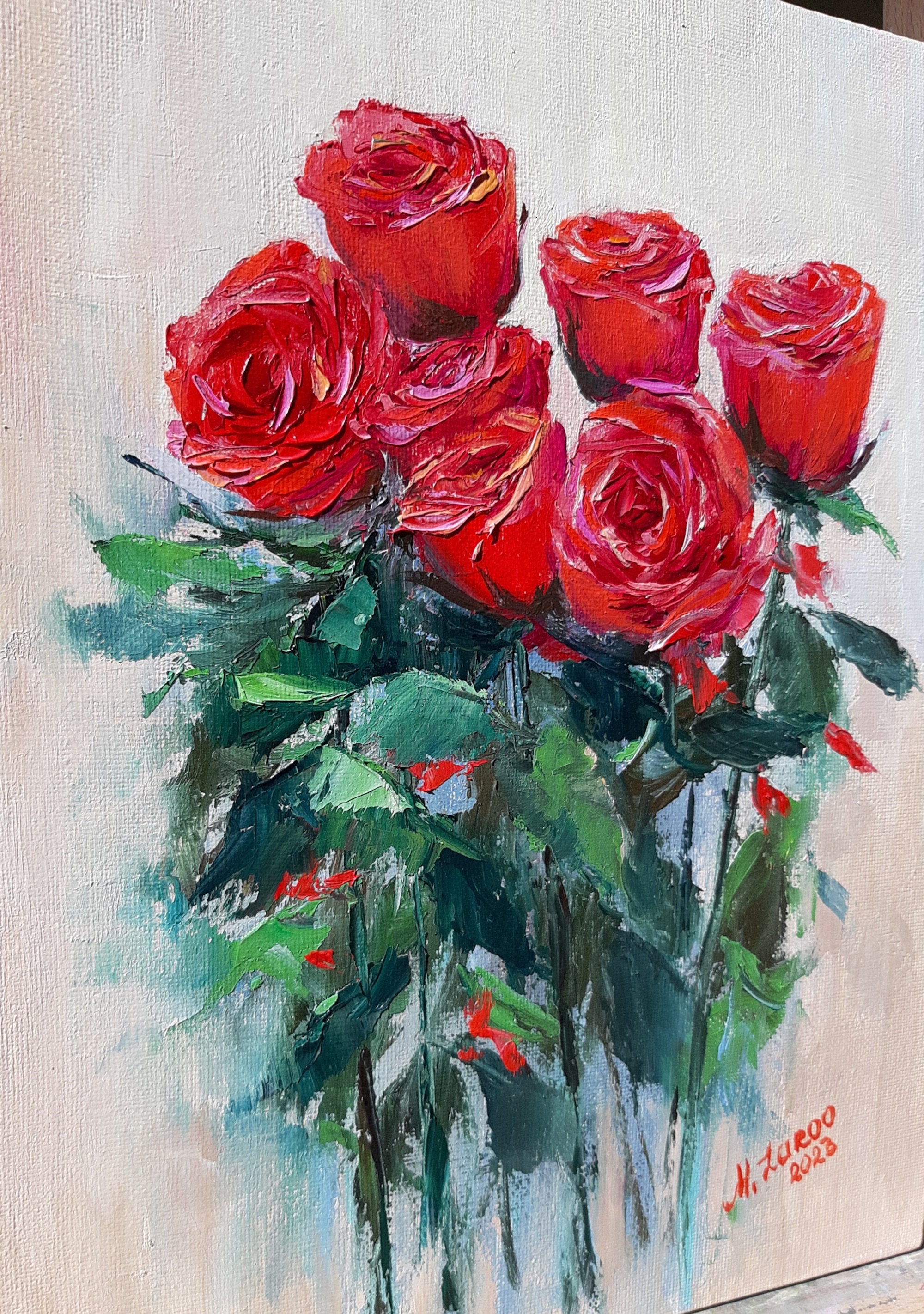 Red Roses, Textured Flowers Artwork, Small Painting on Canvas, Abstract ...