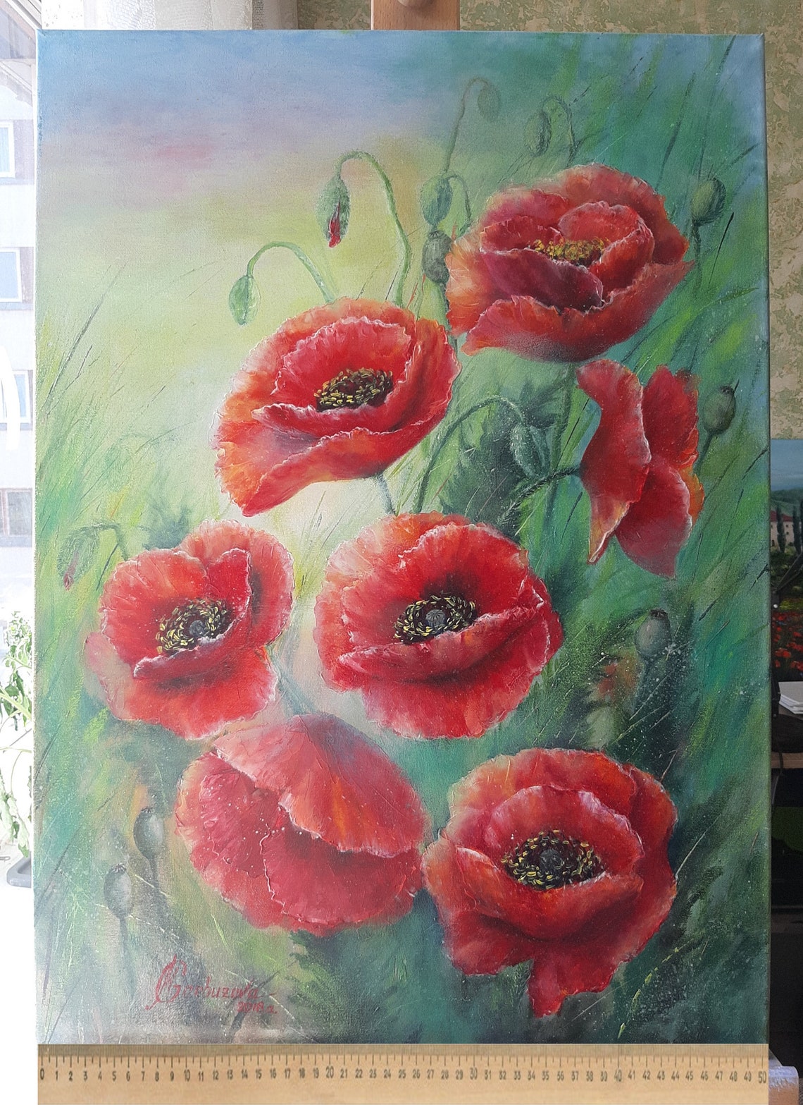 Poppy Oil Painting Original Sunrise on Poppy Field Painting Wild Flower Meadow Landscape Summer ...