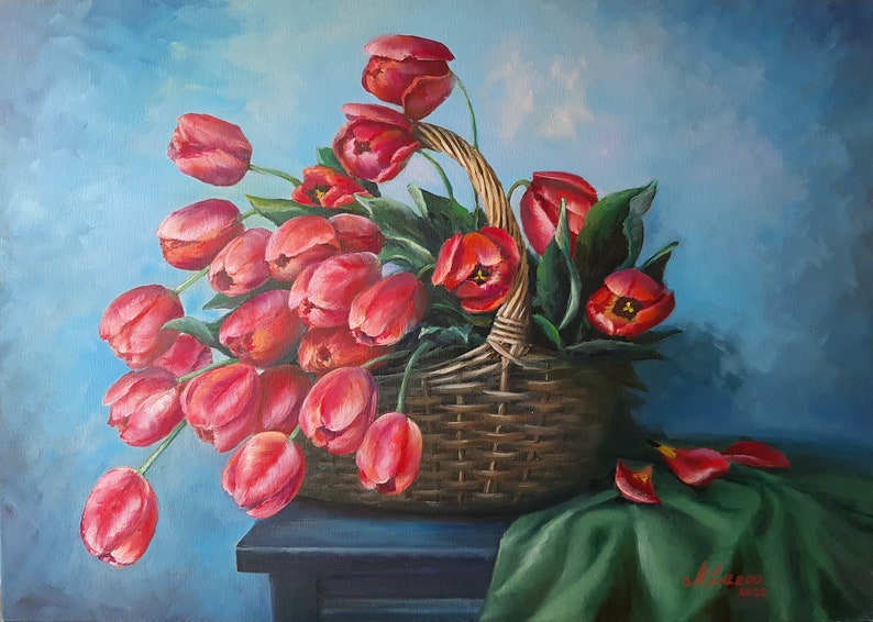 Red Tulips Oil Painting, Floral Basket on Canvas, Original Art - Etsy