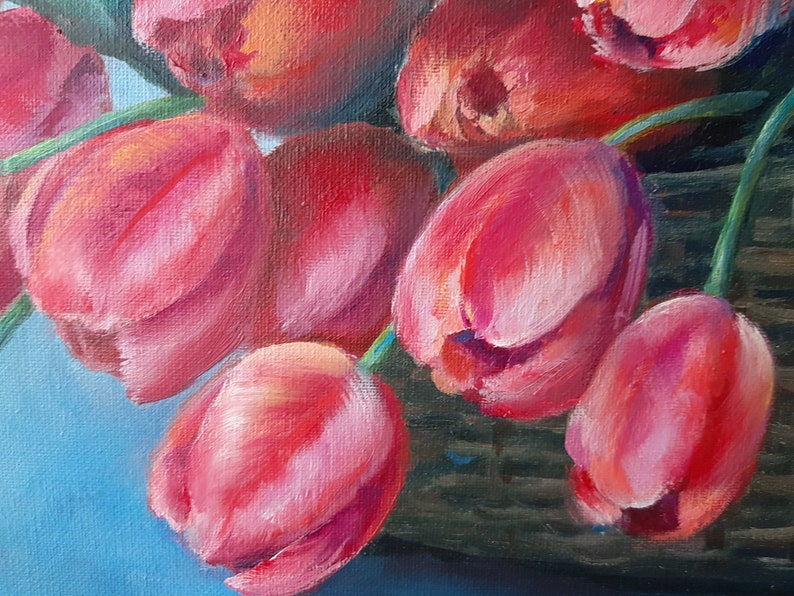 Red Tulips Oil Painting, Floral Basket on Canvas, Original Art - Etsy