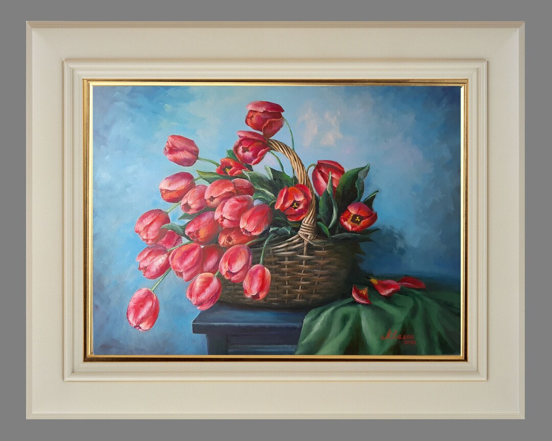 Red Tulips Oil Painting, Floral Basket on Canvas, Original Art - Etsy