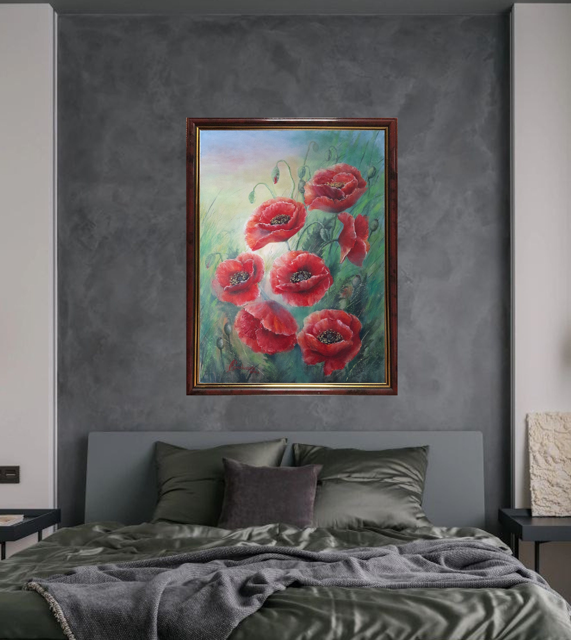 Poppy Oil Painting Original Sunrise on Poppy Field Painting Wild Flower Meadow Landscape Summer ...