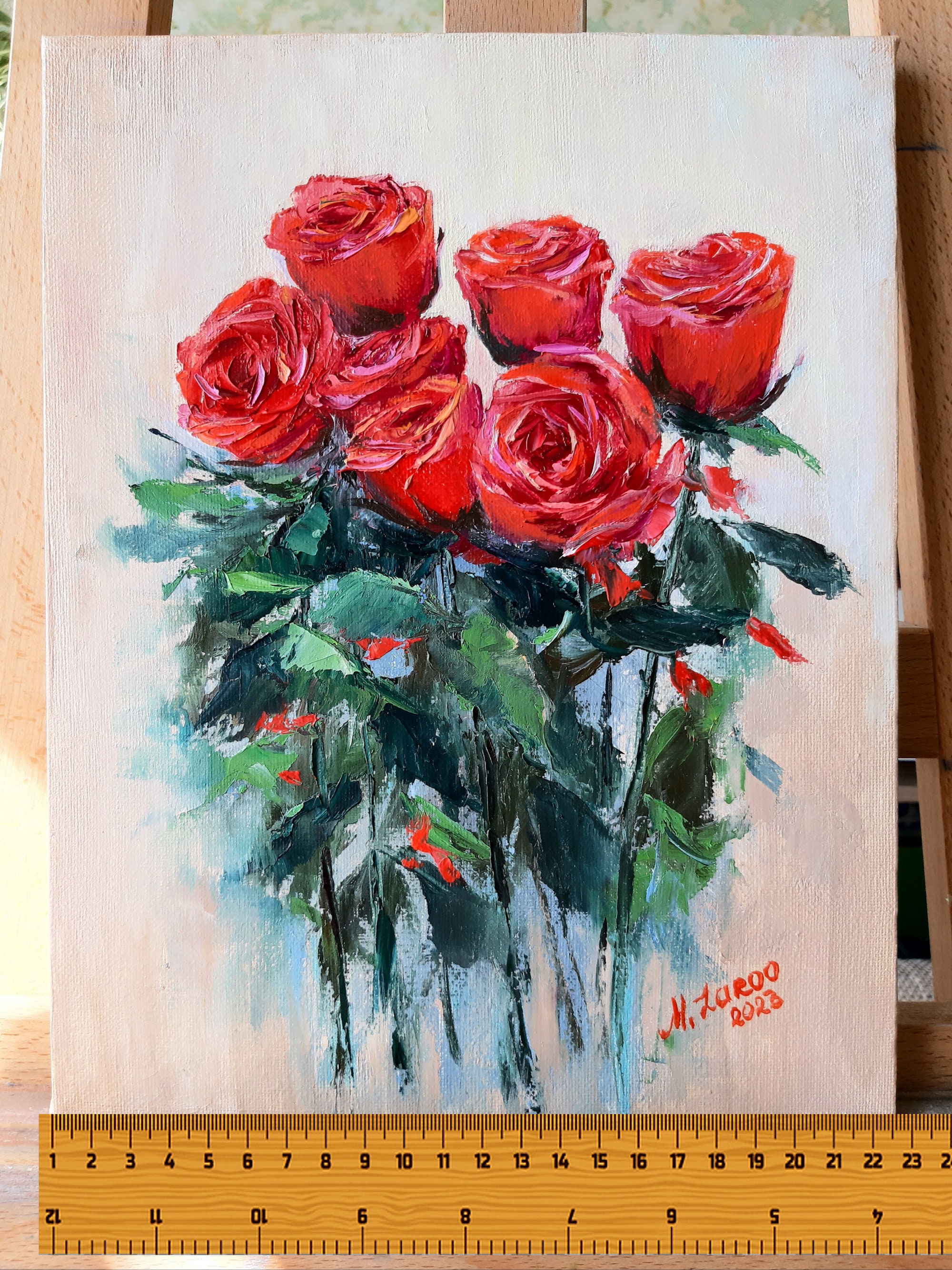 Red Roses, Textured Flowers Artwork, Small Painting on Canvas, Abstract ...