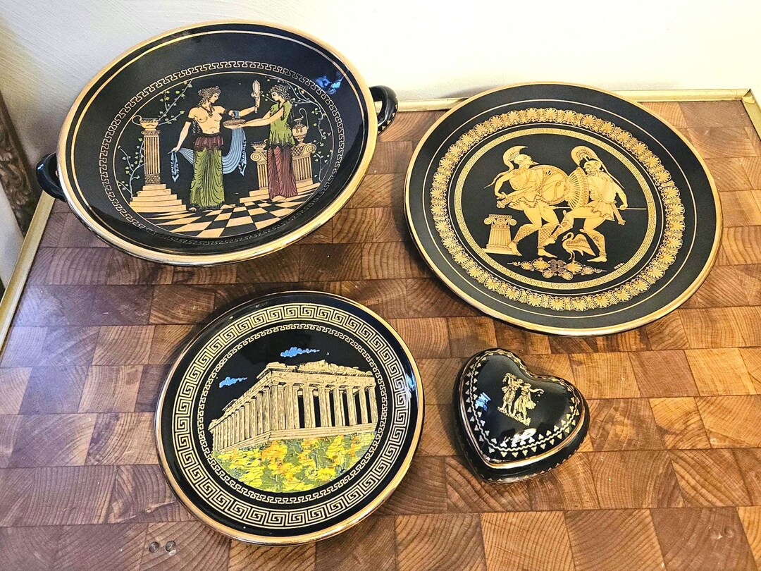 Vintage 24k Gold and Black Greek Ceramic Pieces, Plates Trinket Box ...