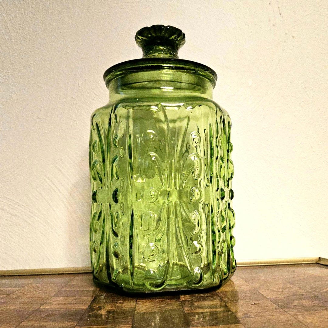 Vintage Green Glass Container, Anchor Hocking Accented Cookie Jar With ...