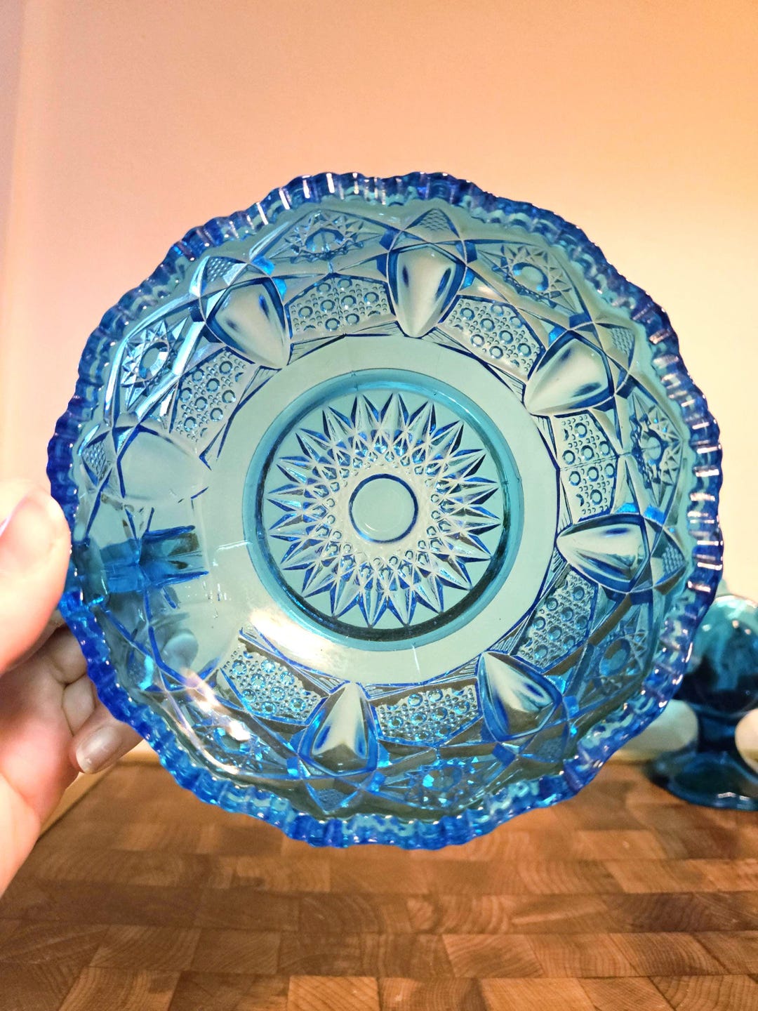 Vintage Blue Sawtooth Pressed Glass Stars Handled Handled Candy Bowl ...