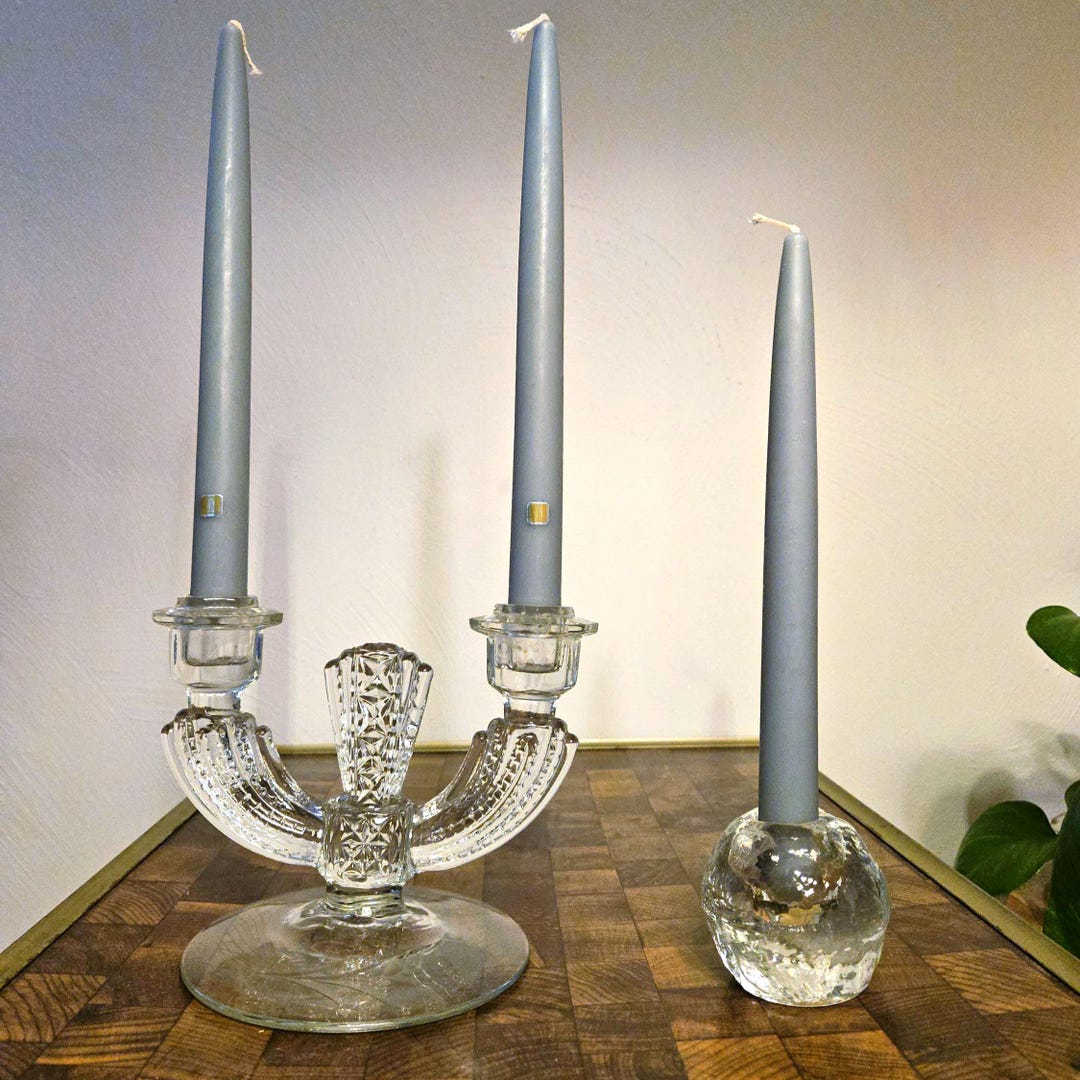 Vintage Art Deco Pressed Diamond Double Candlesticks tiffin Glass and ...