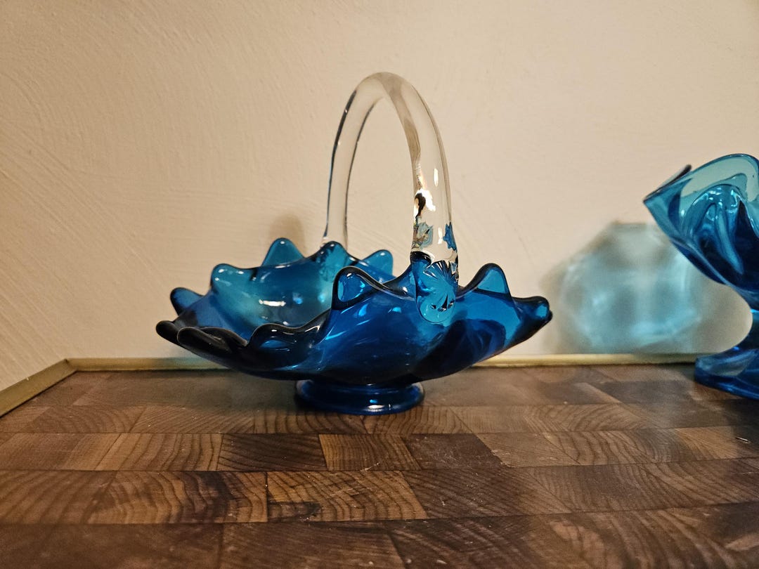 Vintage Viking Blue Glass Basket, 60s Wavy Splash Pattern, Hand-blown ...