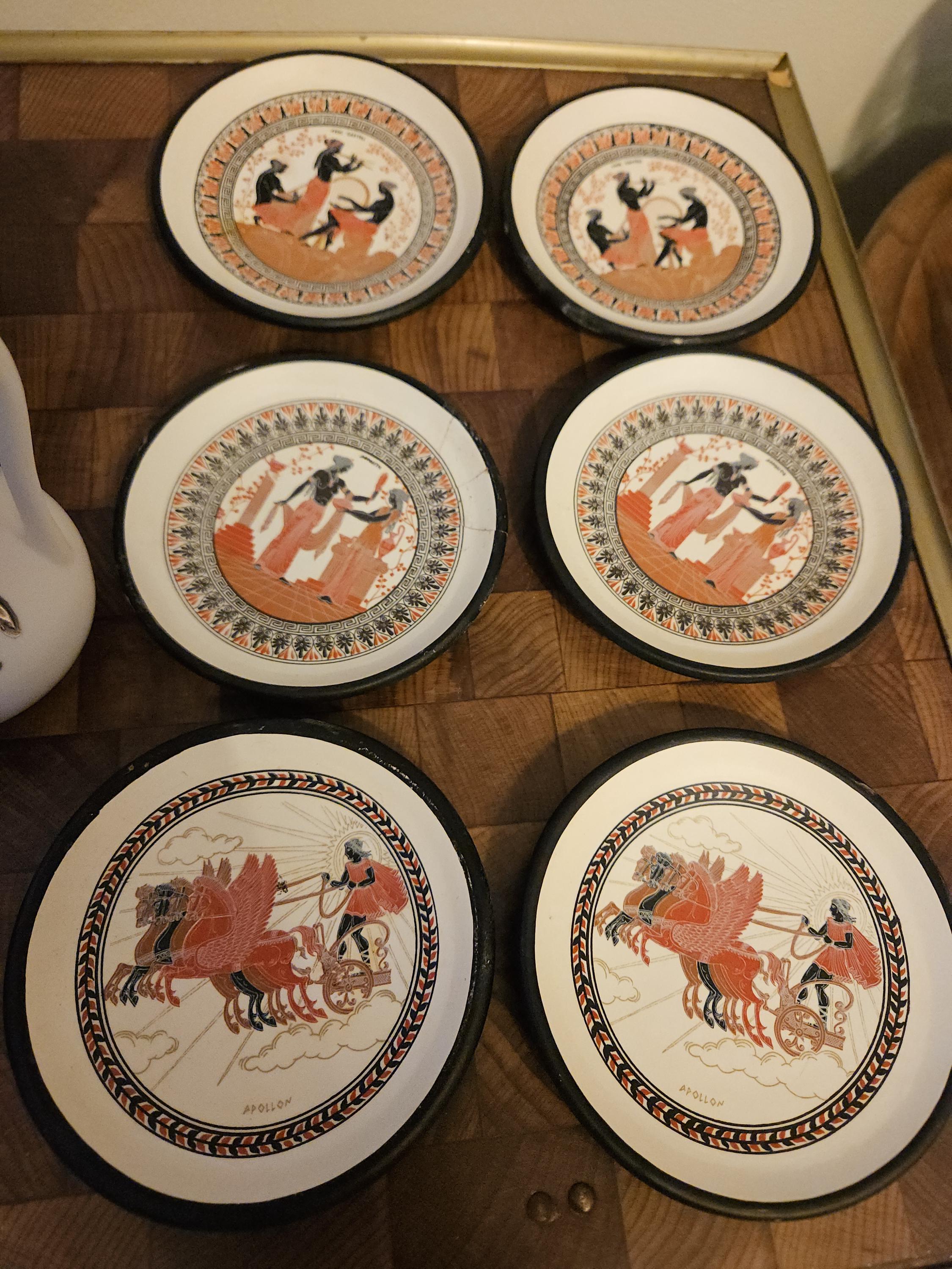 Vintage Greek Mythology Scenes on Ceramic Pieces: Plates, Pedestal ...