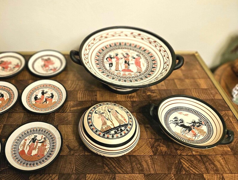 Vintage Greek Mythology Scenes on Ceramic Pieces: Plates, Pedestal ...