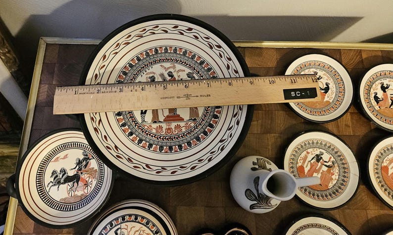 Vintage Greek Mythology Scenes on Ceramic Pieces: Plates, Pedestal ...