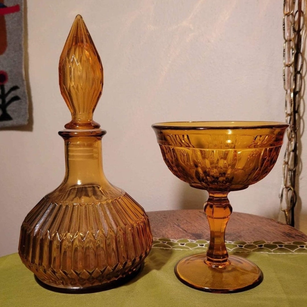 Vintage Amber Decanter and Compote Dish Set indiana Glass - Etsy