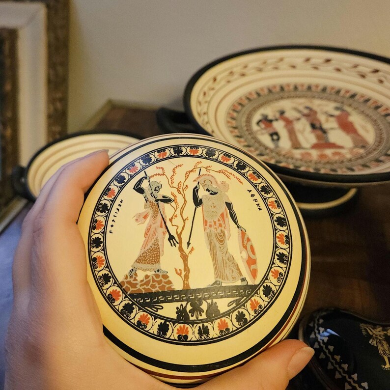 Vintage Greek Mythology Scenes on Ceramic Pieces: Plates, Pedestal ...