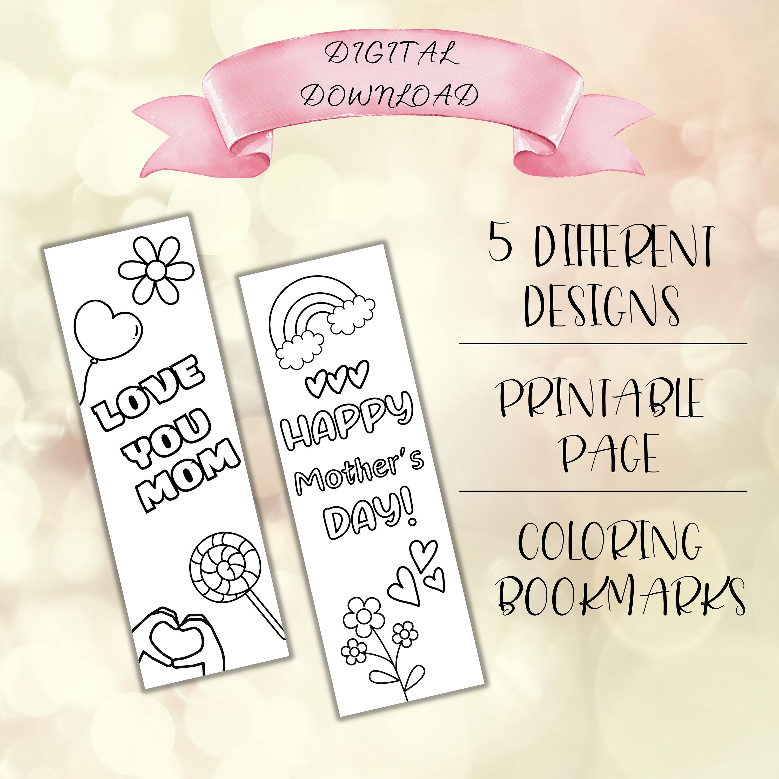 Mothers Day Coloring Bookmarks Printable, Present From Kids, Coloring ...