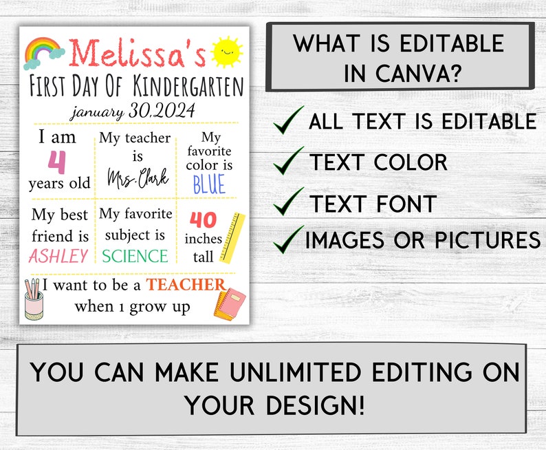 First Day of Kindergarten Sign Printable, Editable First Day of School ...