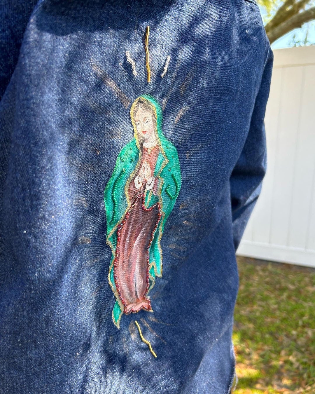 Hand-painted Virgin Mary Embroidered Jean Jacket - Wearable Artwear - Etsy