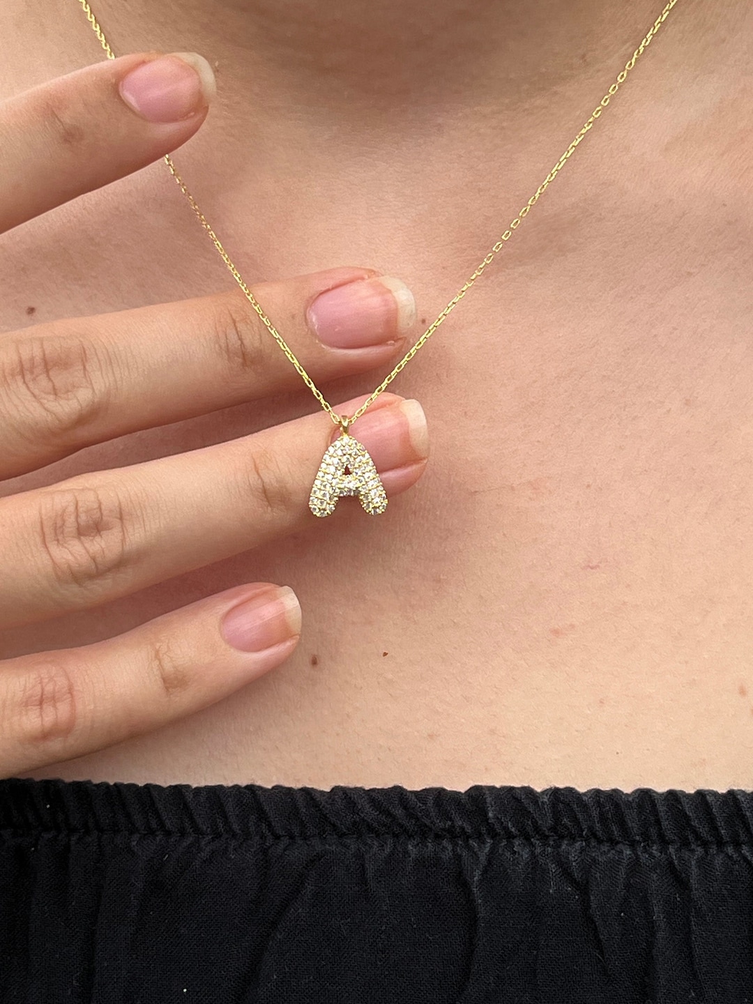 Bubble Letter Necklace, Balloon Zircone Stone Initial Necklace, Puffy ...