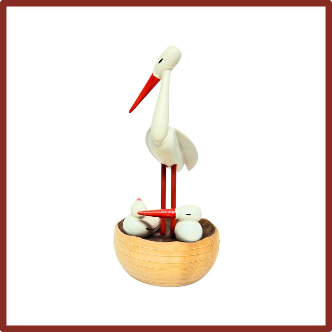 Rare Hand Carved Wooden Stork in Nest With Babies Made in German ...