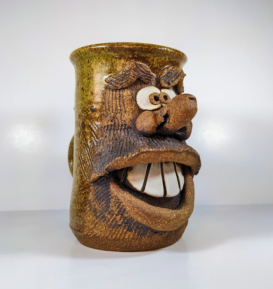 Vintage 3D Face Mug Folk Art Pottery Stoneware Retro Bar Mustache Man ...