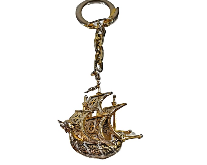 Vintage Keychain Gold Toned Spanish Damascene Ship Keychain - Etsy