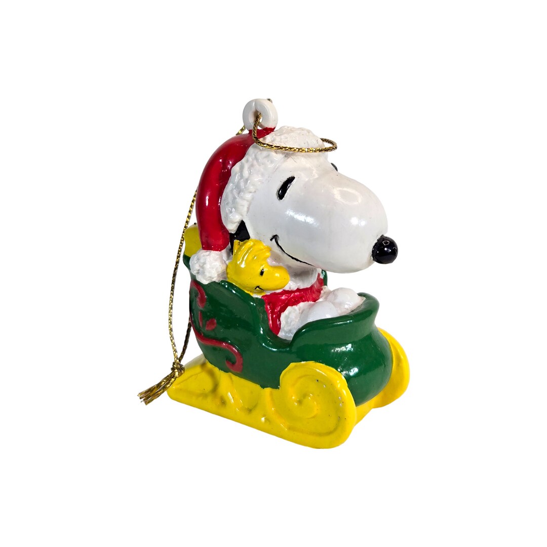 Vintage Peanuts Santa Snoopy and Woodstock in Sleigh Christmas Ornament ...