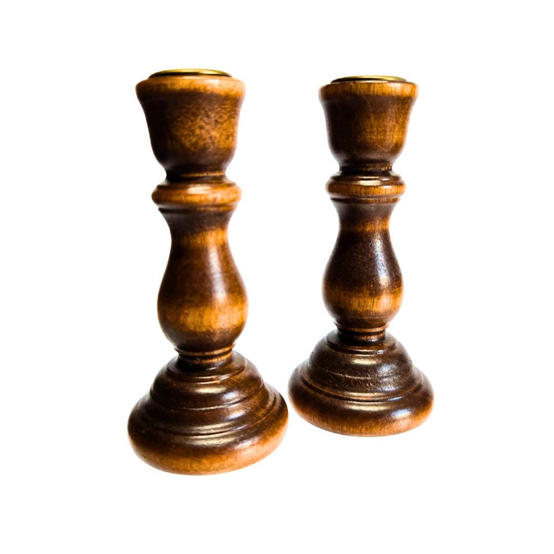 Vintage Wood Turned Candlestick Holders Brass Inserts - Etsy
