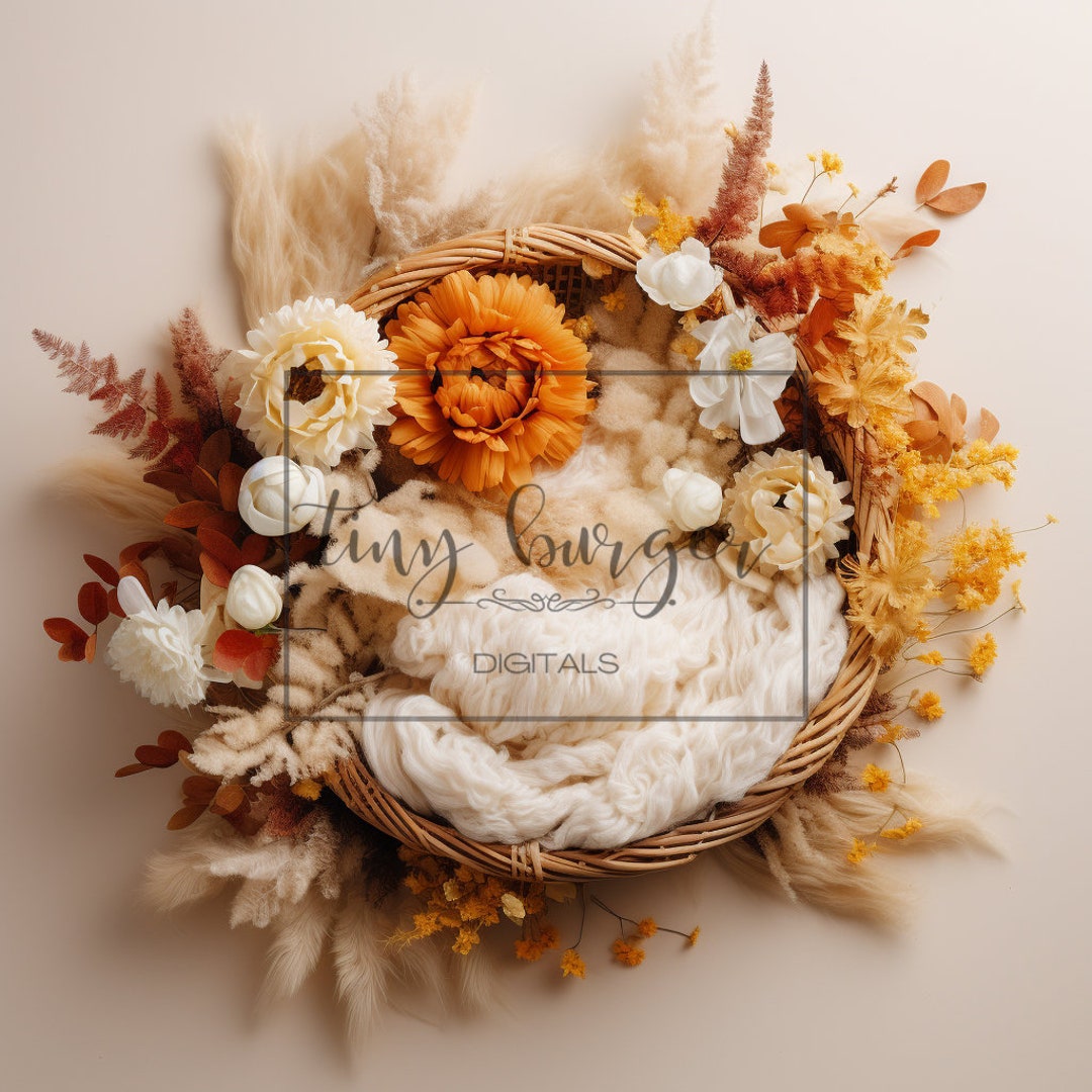 Fall Newborn Digital Backdrop Beige White Burnt Orange Pompas Floral ...